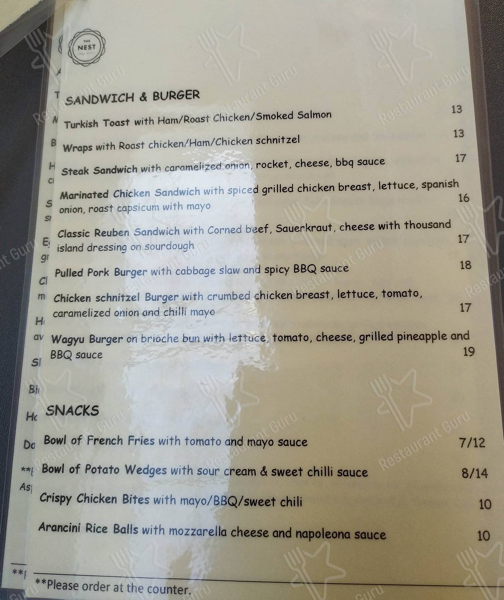 Menu at The Nest Chatswood cafe, Chatswood