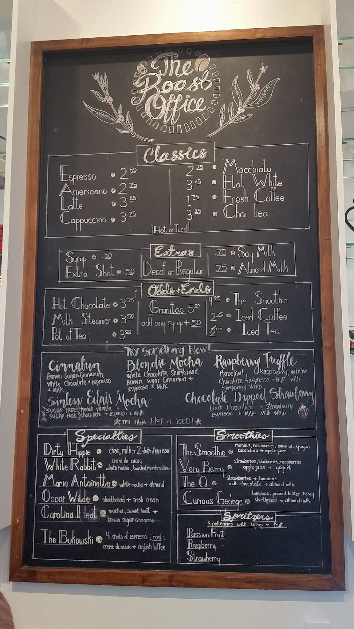 Menu at The Roast Office cafe, Pinehurst
