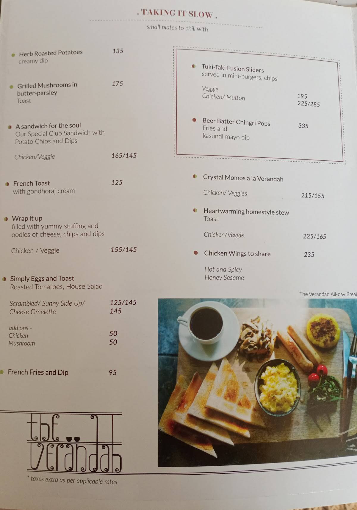 Menu at The Verandah, Kolkata
