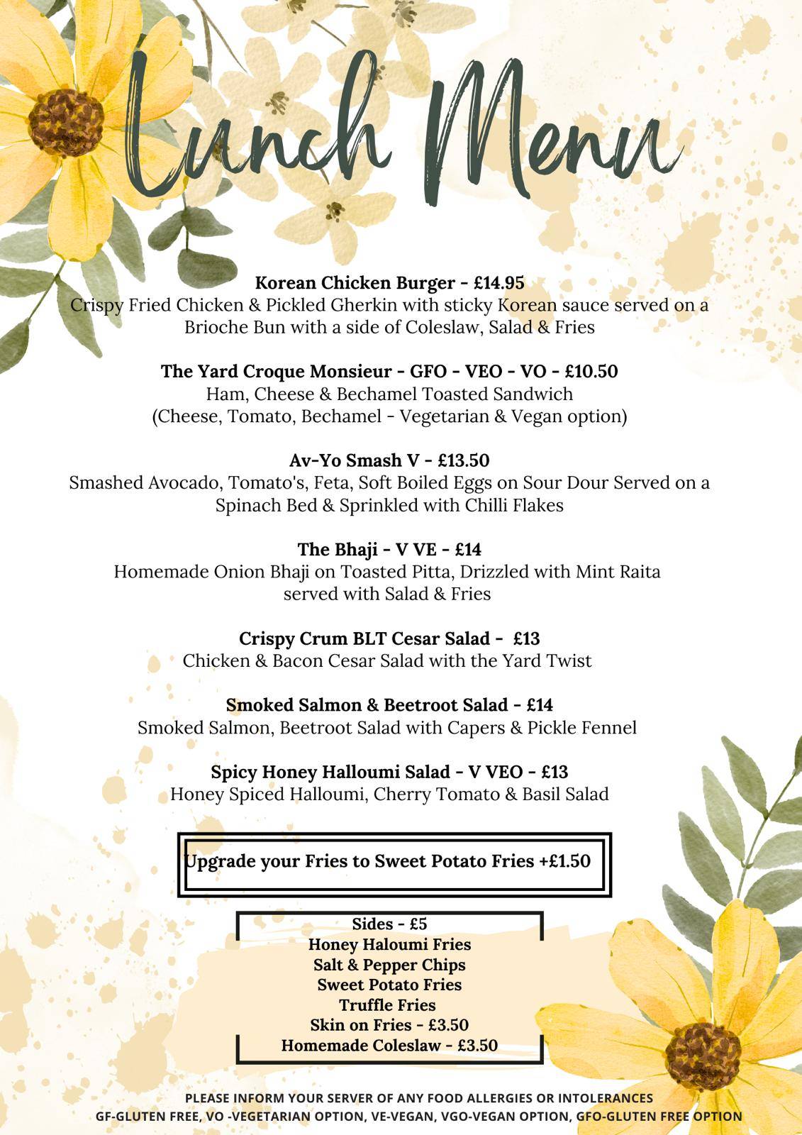 Menu at The Yard Bistro cafe, Wickersley