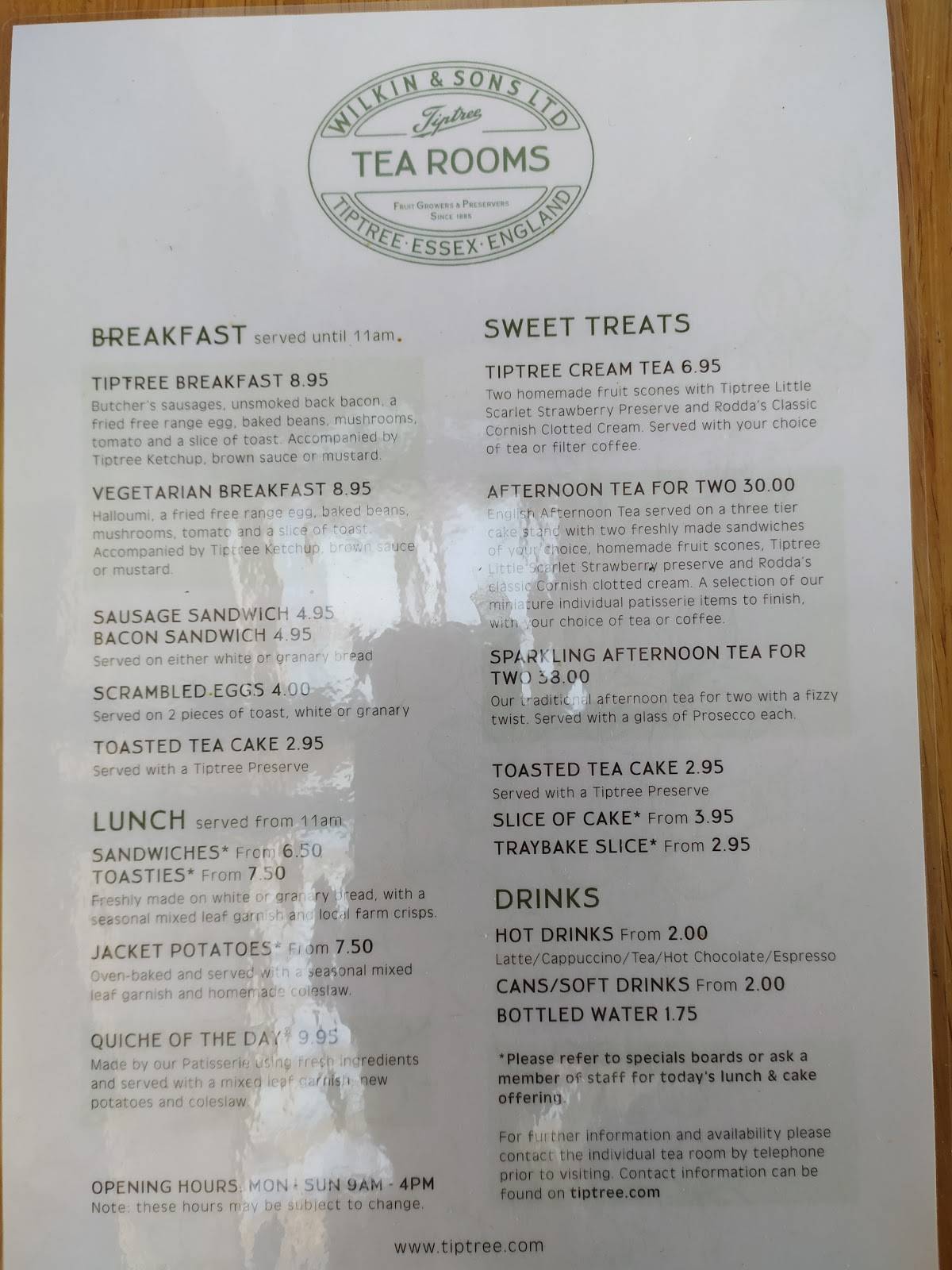 Menu at Tiptree Tea Rooms at The Barns, Cressing Temple, Braintree ...