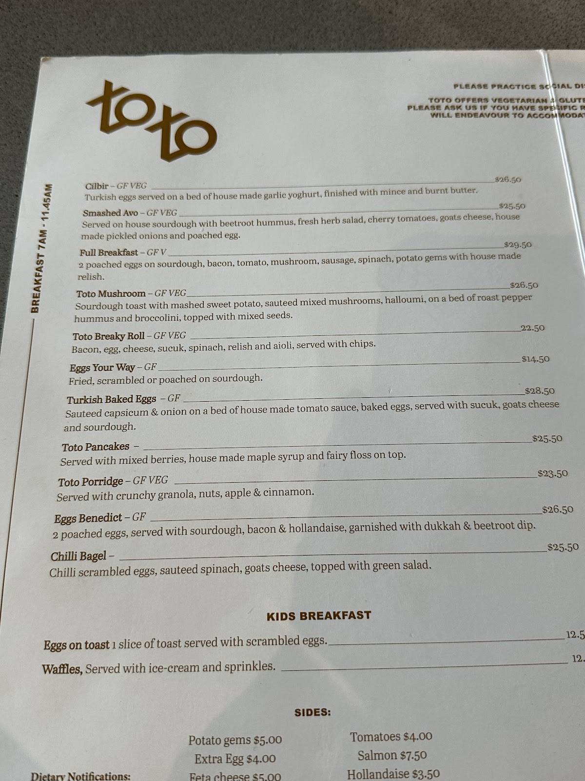 Menu at ToTo Town cafe, Warrnambool