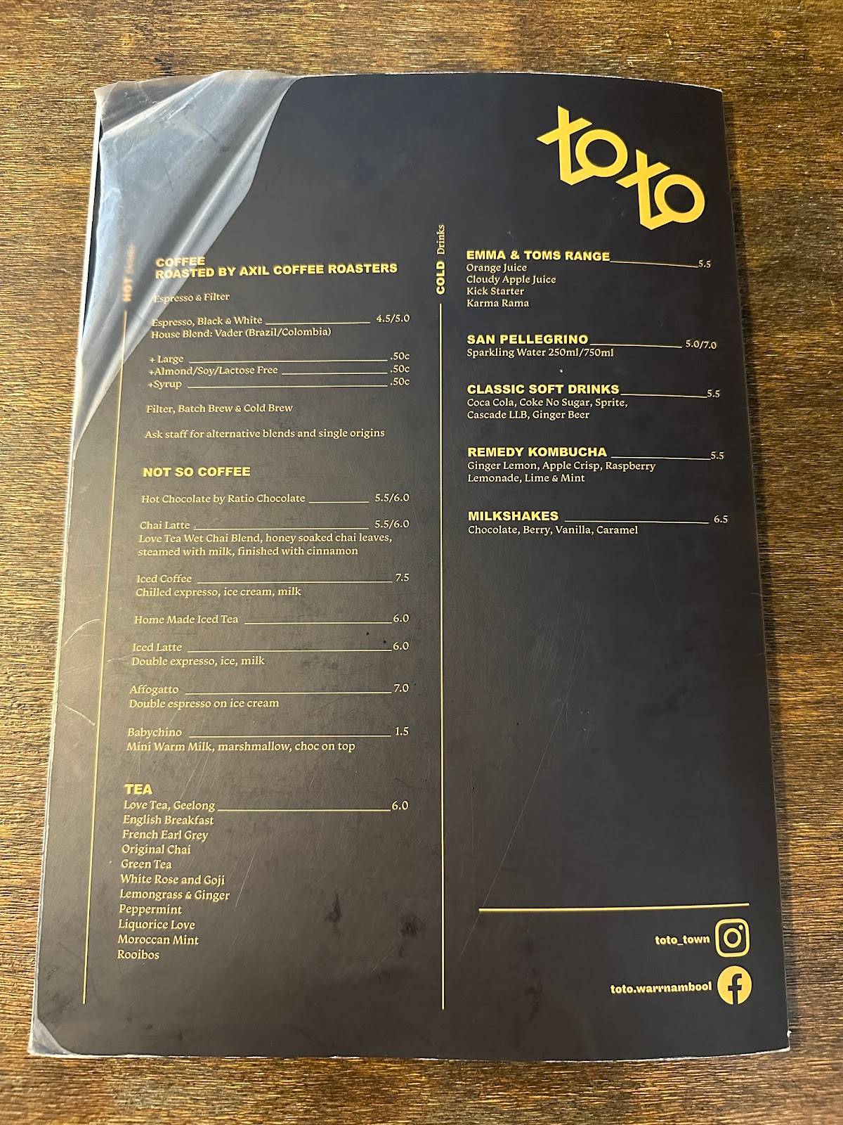 Menu at ToTo Town cafe, Warrnambool