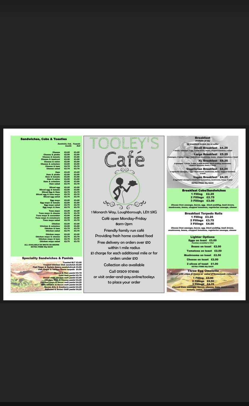 Menu at Tooley’s Café & Catering Company cafe, Loughborough