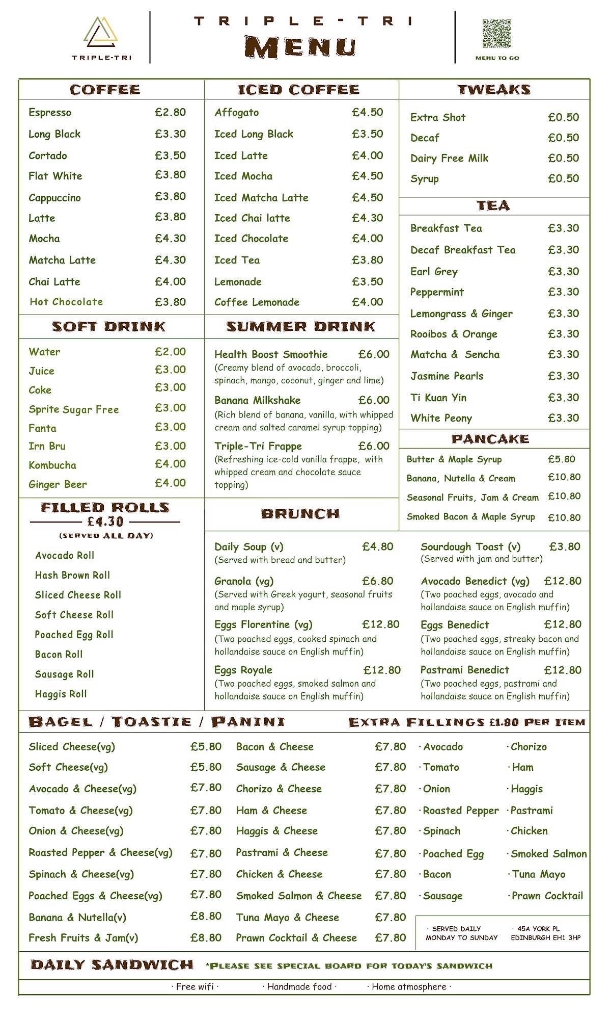 Carta del café Triple-Tri Coffee, Edimburgo
