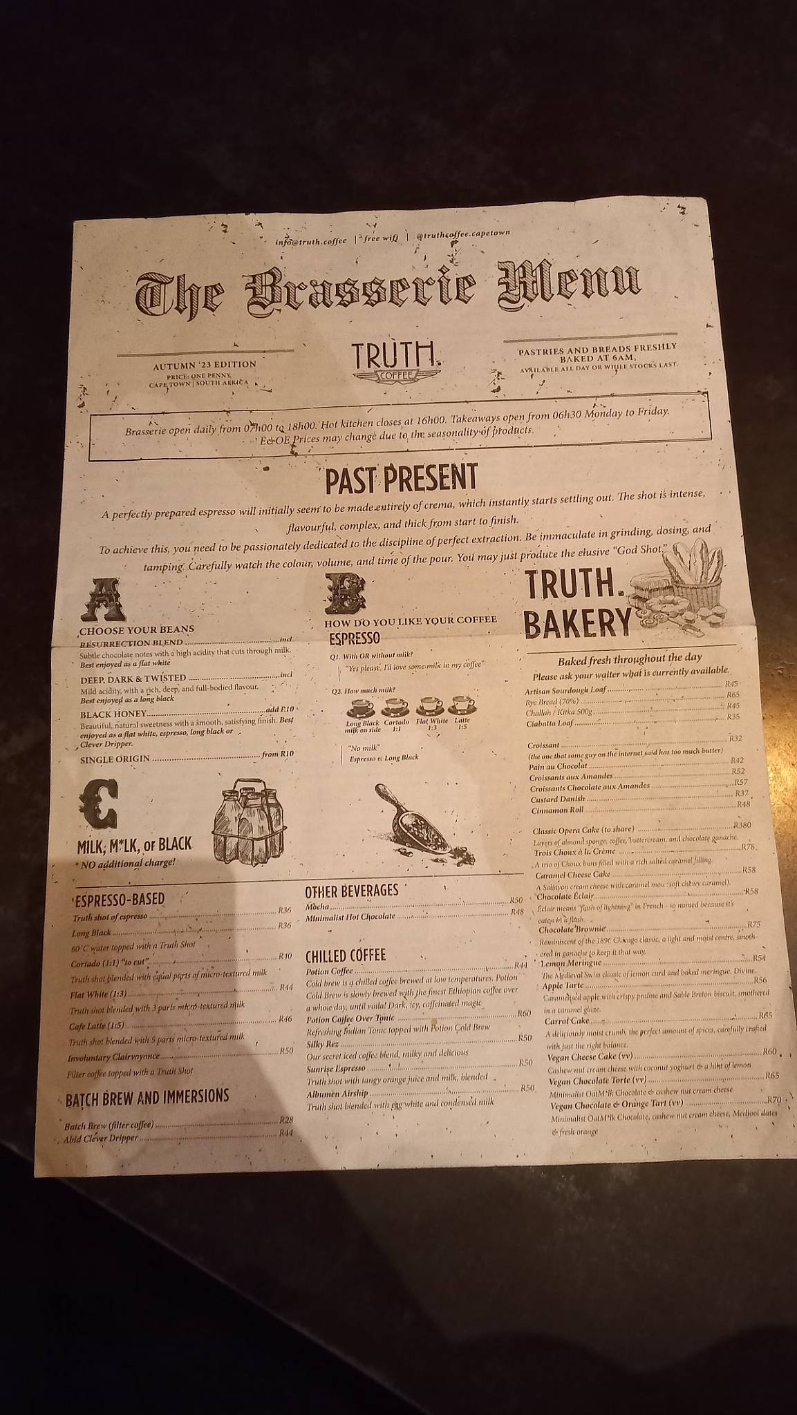 Menu at Truth Coffee Roasting cafe, Cape Town, 36 Buitenkant St