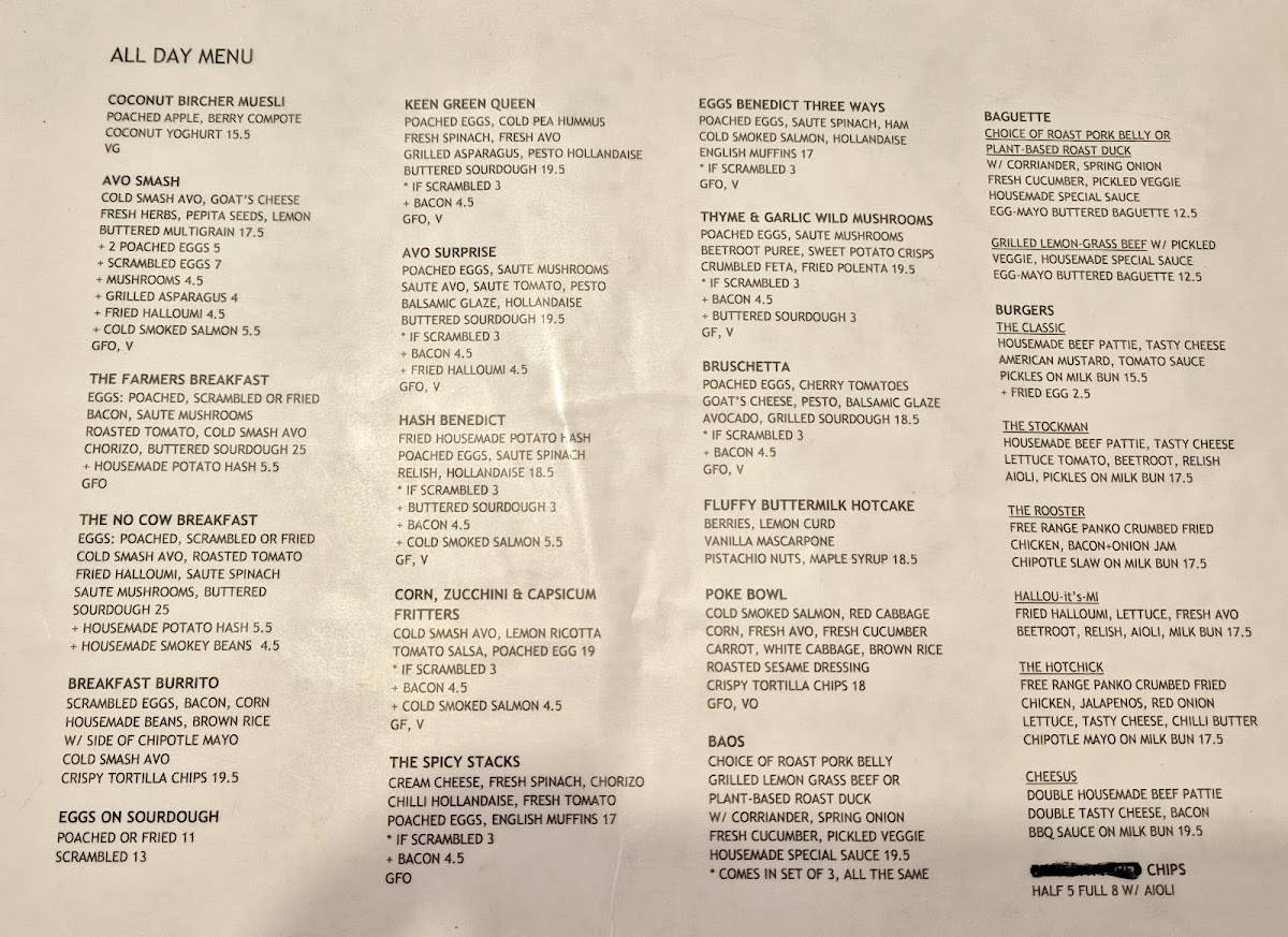 Menu at Two Farm Girls cafe, Aspendale