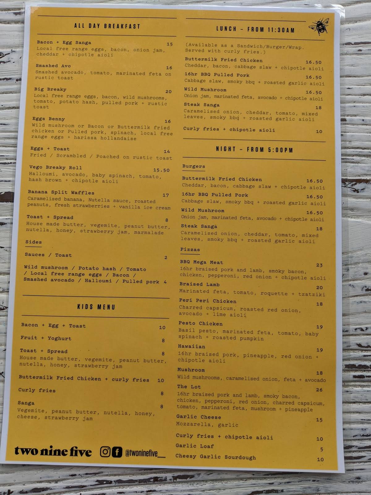 Menu at Two Nine Five cafe, Horsley