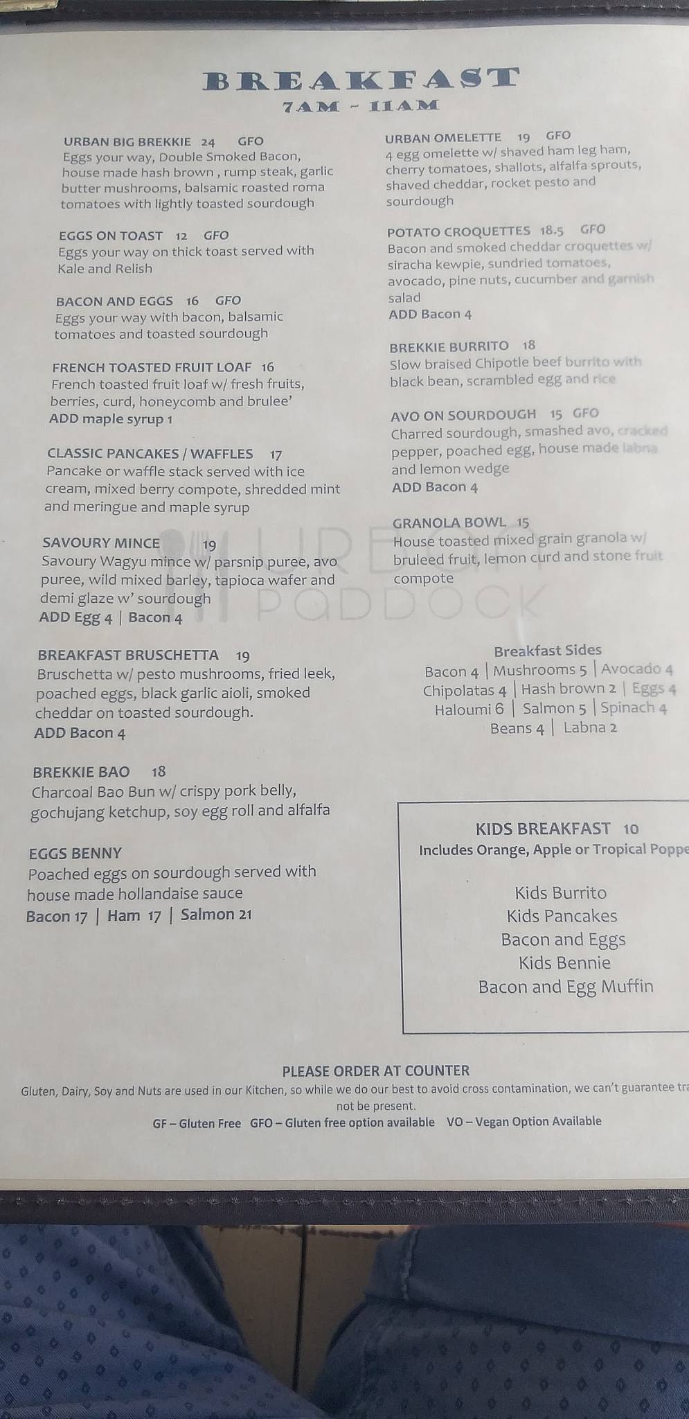 Menu at Urban Paddock Cafe, Dalby