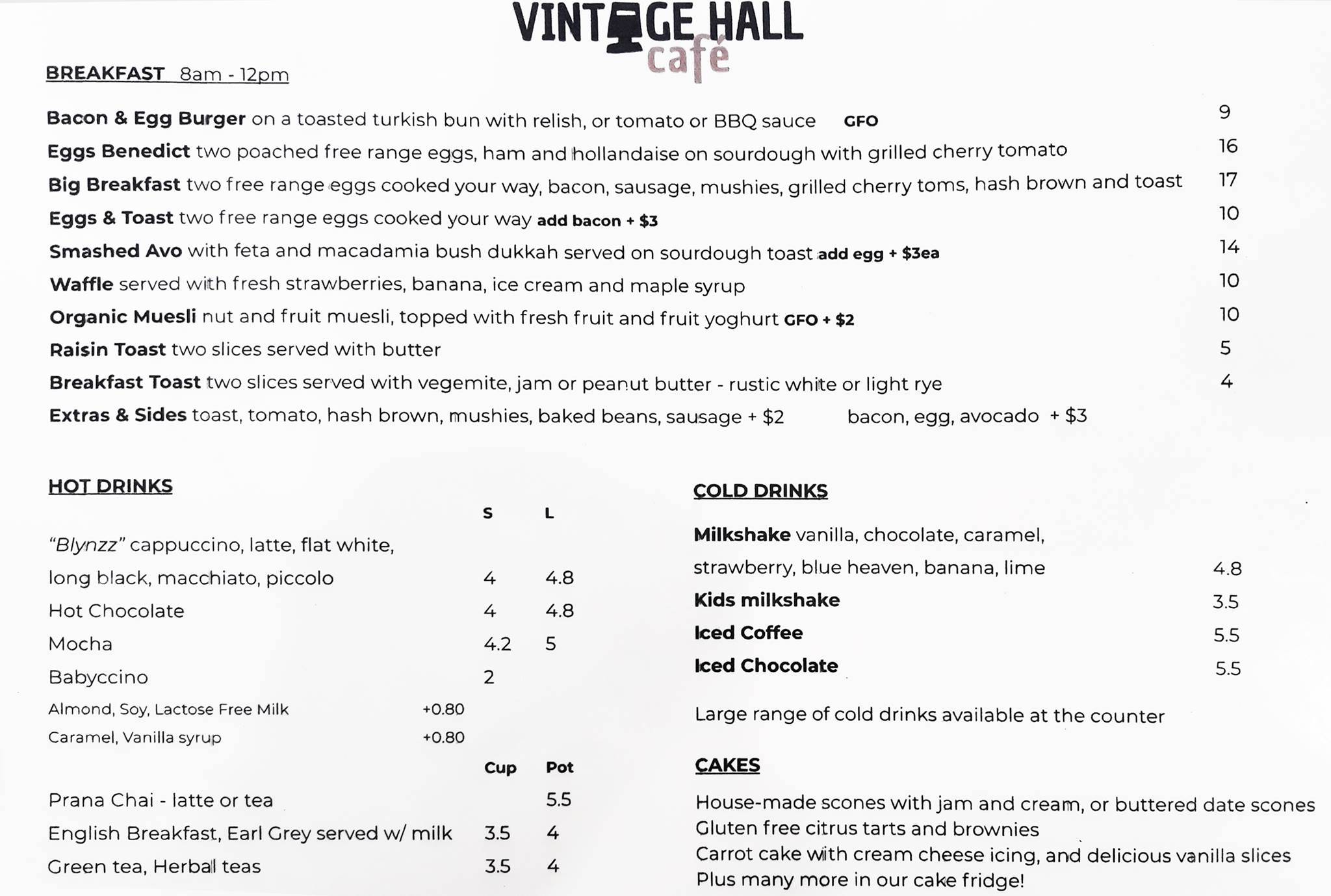 Menu at Vintage Hall Cafe, Glenrowan
