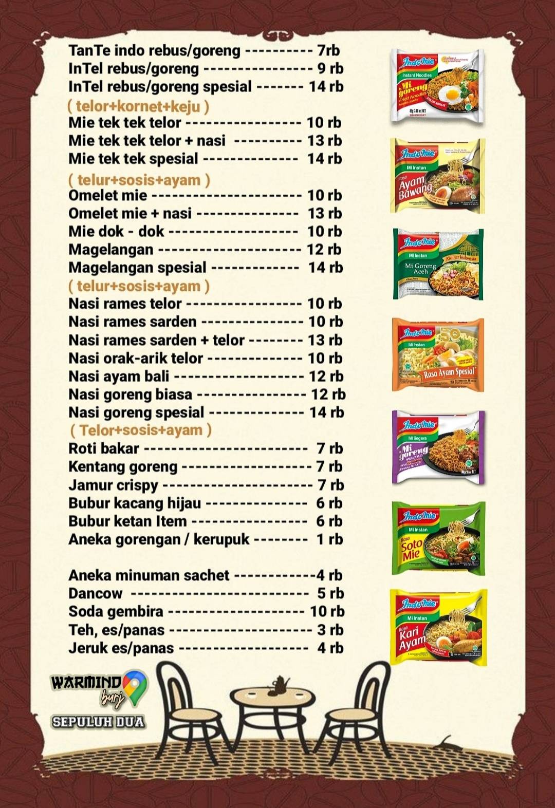 Menu at Warmindo & Burjo Sepuluh Dua cafe, Semarang