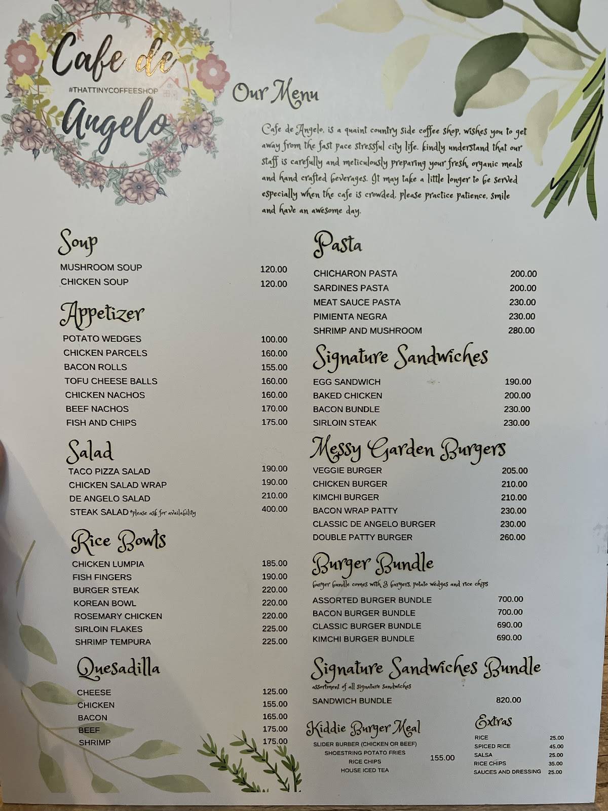 Menu at Cafe de Angelo, Baguio