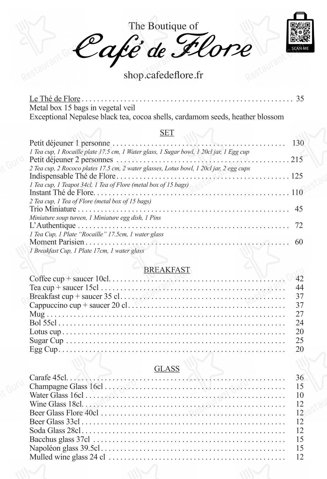 Menu au Café de Flore, Paris, 172 Bd Saint-Germain