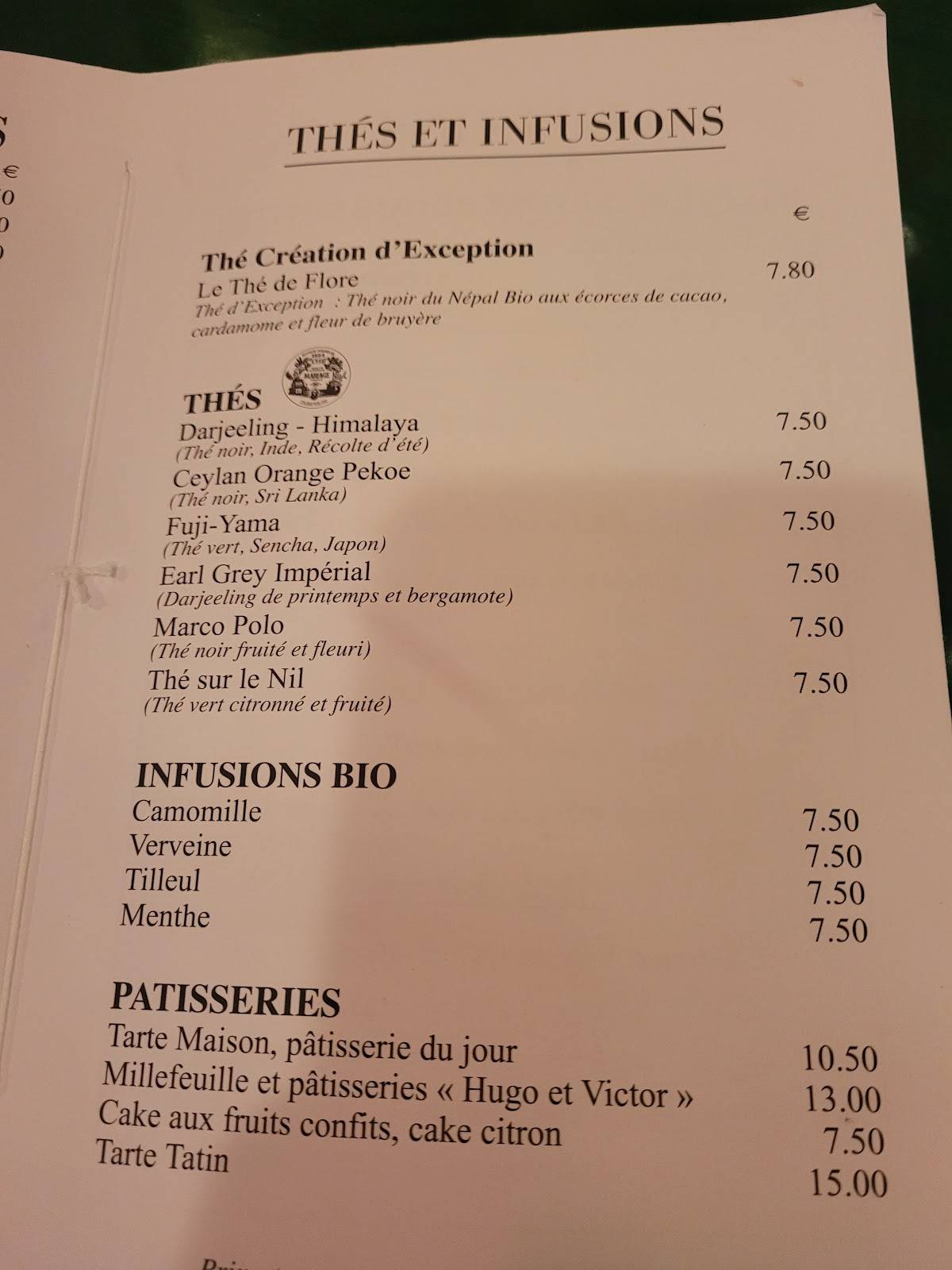 Menu at Café de Flore, Paris, 172 Bd Saint-Germain