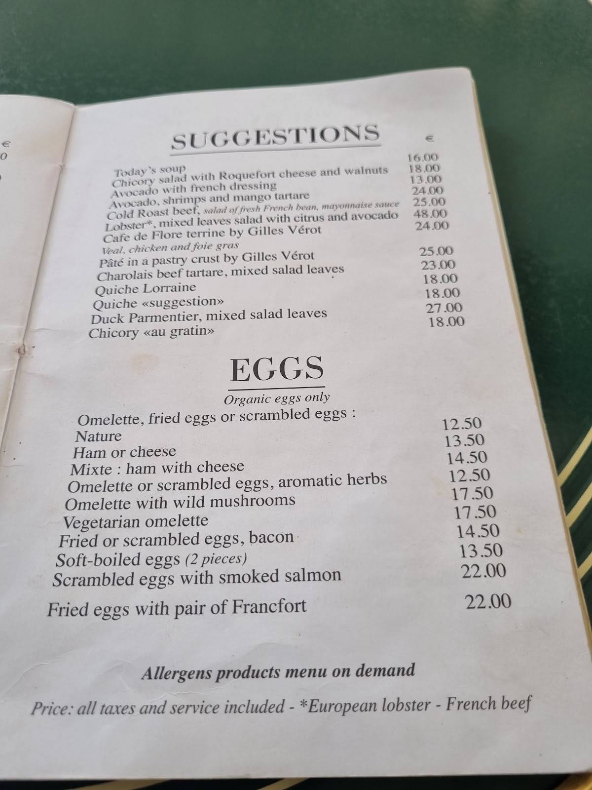 Menu at Café de Flore, Paris, 172 Bd Saint-Germain
