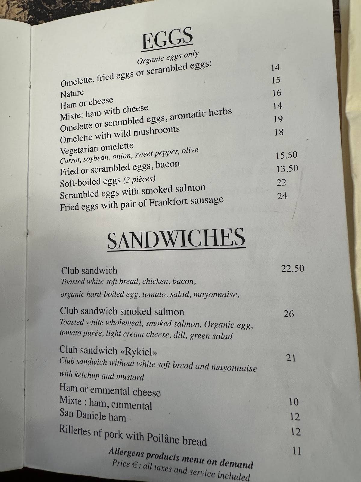Menu au Café de Flore, Paris, 172 Bd Saint-Germain