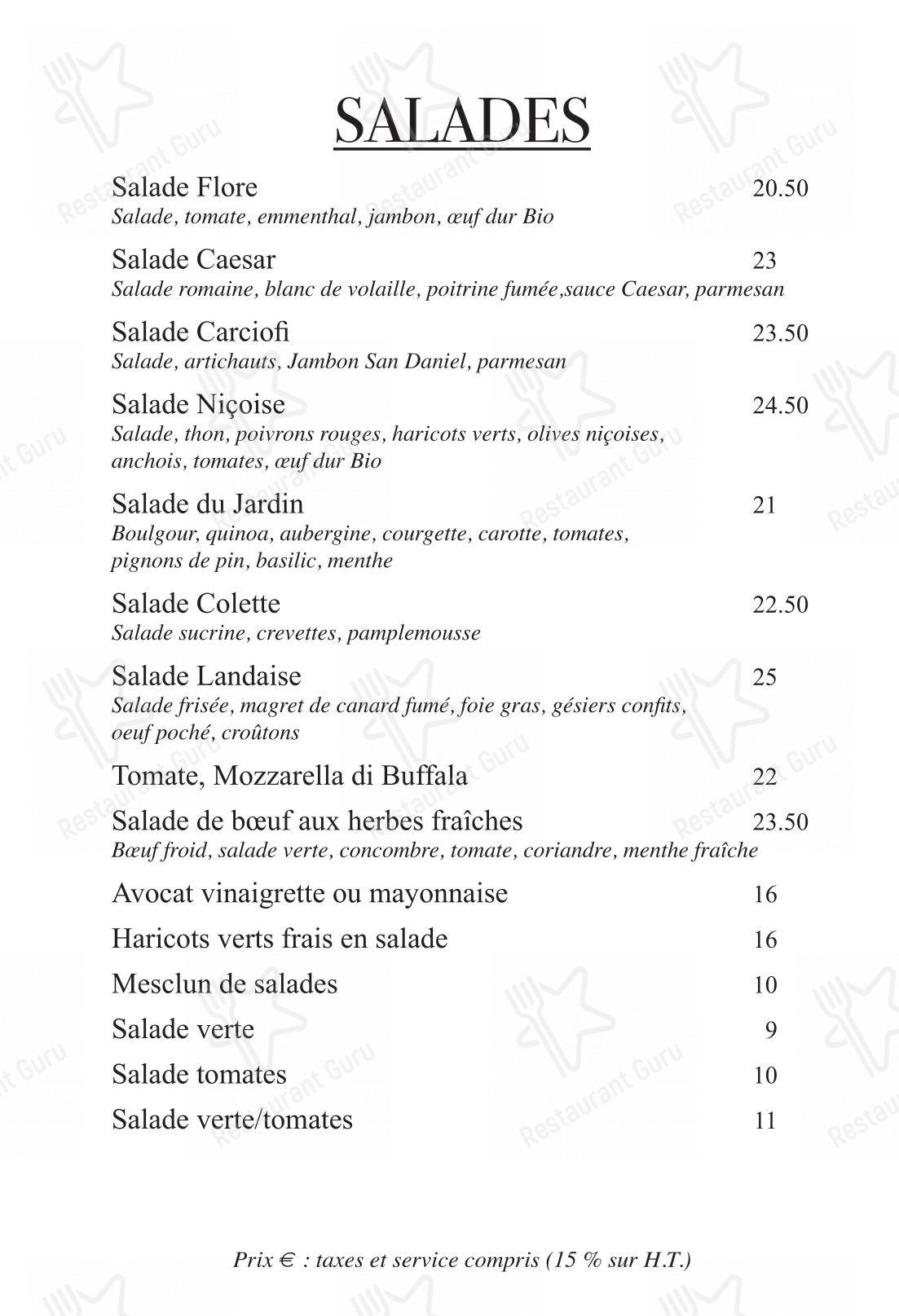 Menu au Café de Flore, Paris, 172 Bd Saint-Germain