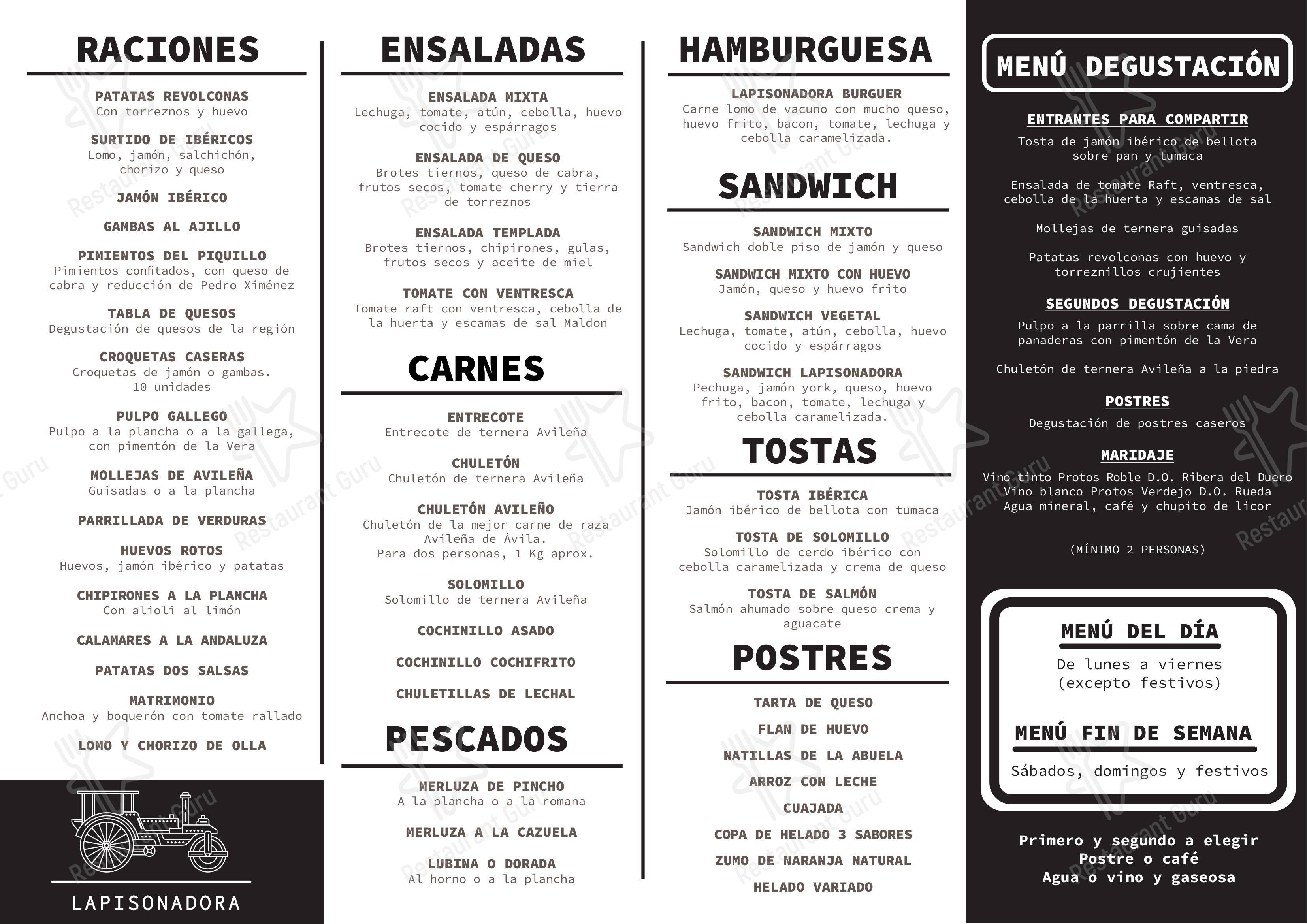 Carta de Cafetería Restaurante La Apisonadora, Ávila