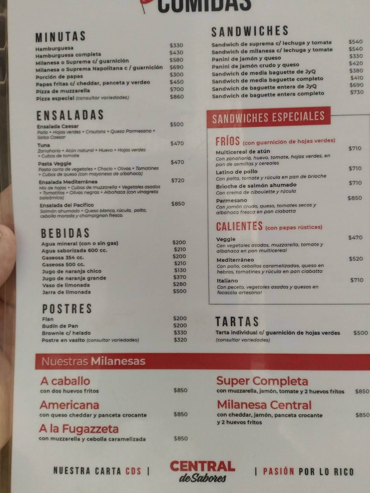 Carta de cafetería Central de Sabores, Don Torcuato