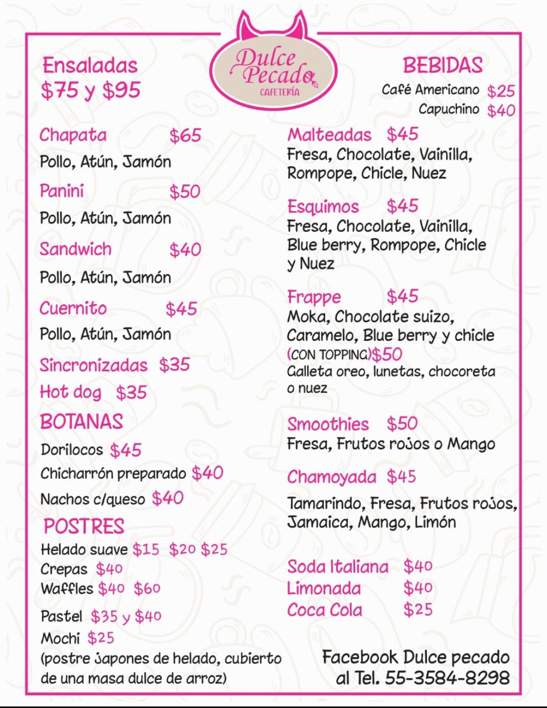 Menu at Cafetería Dulce Pecado, Mexico, esquina con