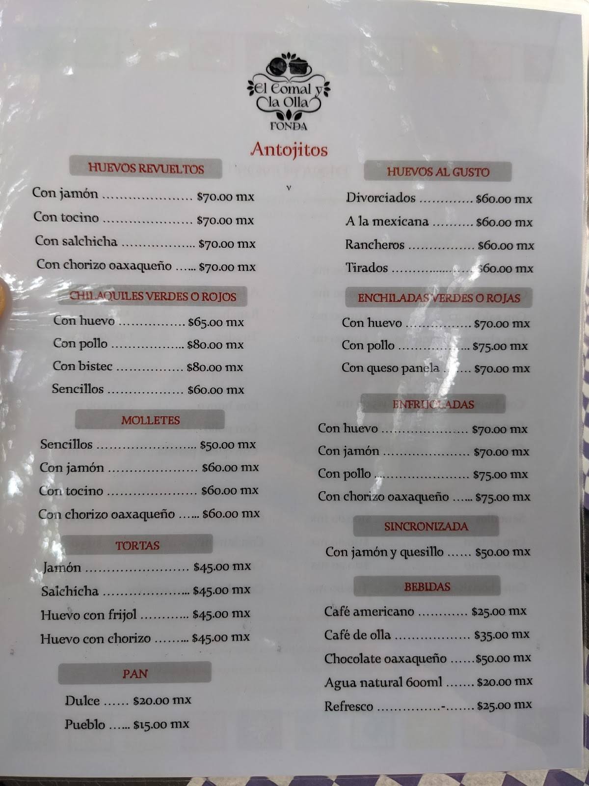 Carta de cafetería El Comal y la Olla, Ciudad de México, Córdoba 53
