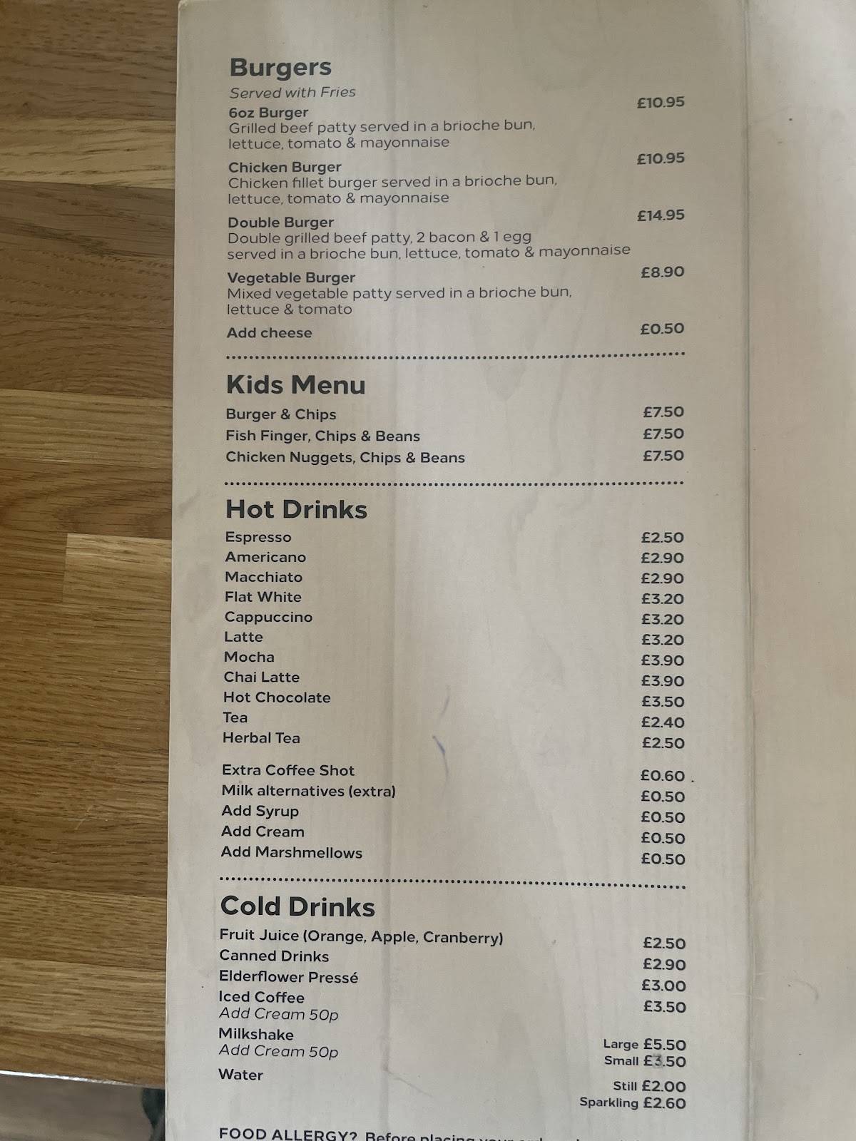 Menu at Caféye cafe, Eye