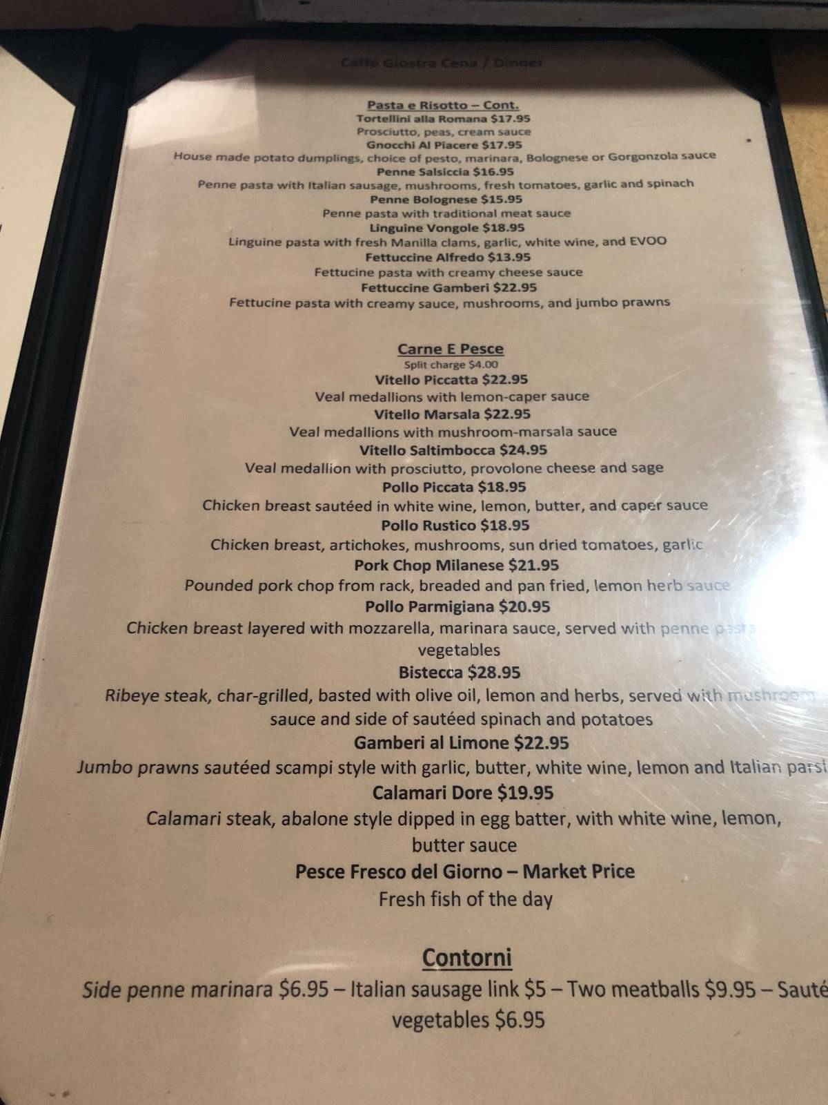 Menu at Caffe Giostra restaurant, Petaluma, N McDowell Blvd