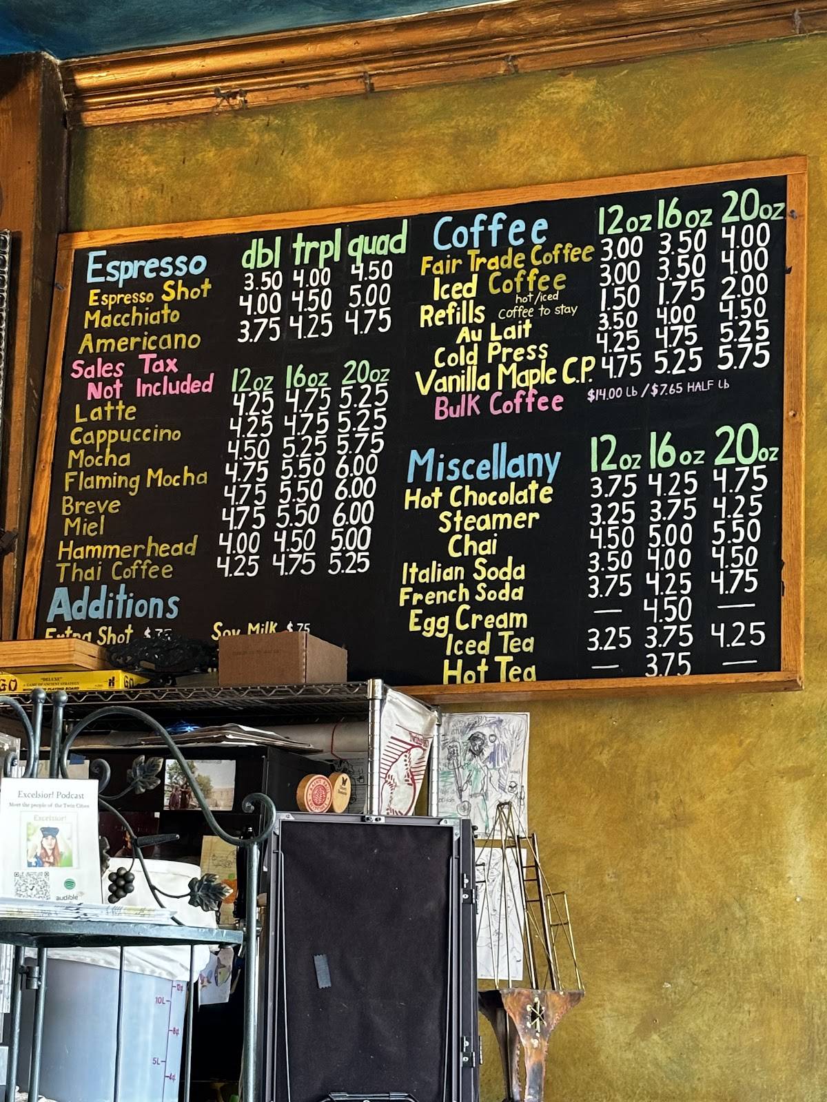 Menu at Caffetto Coffee House, Minneapolis