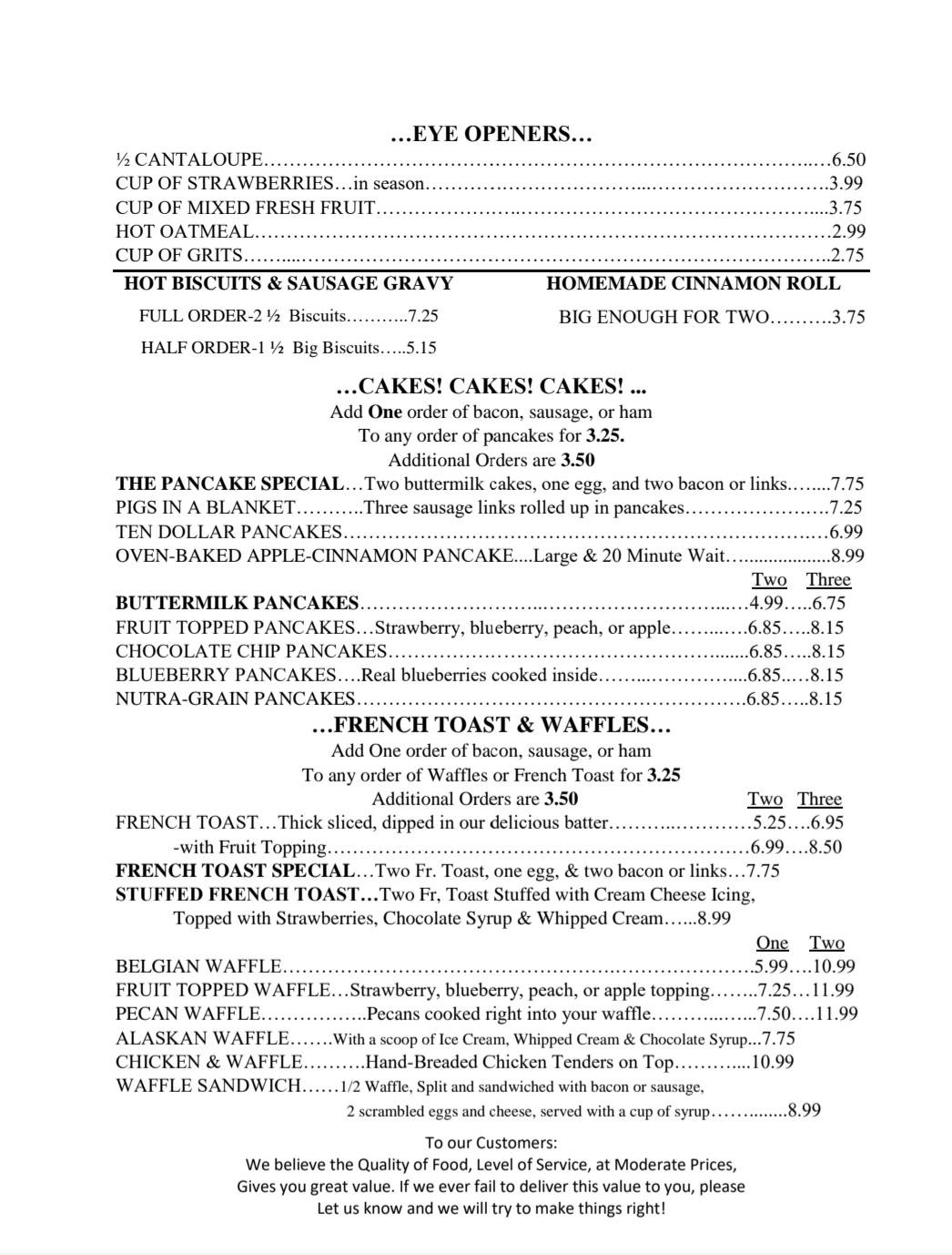 Menu at Cahill's Family Pancake House restaurant, Danville