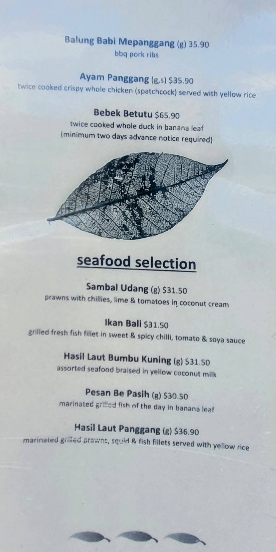 Menu at Bayleaf Balinese Restaurant, Cairns