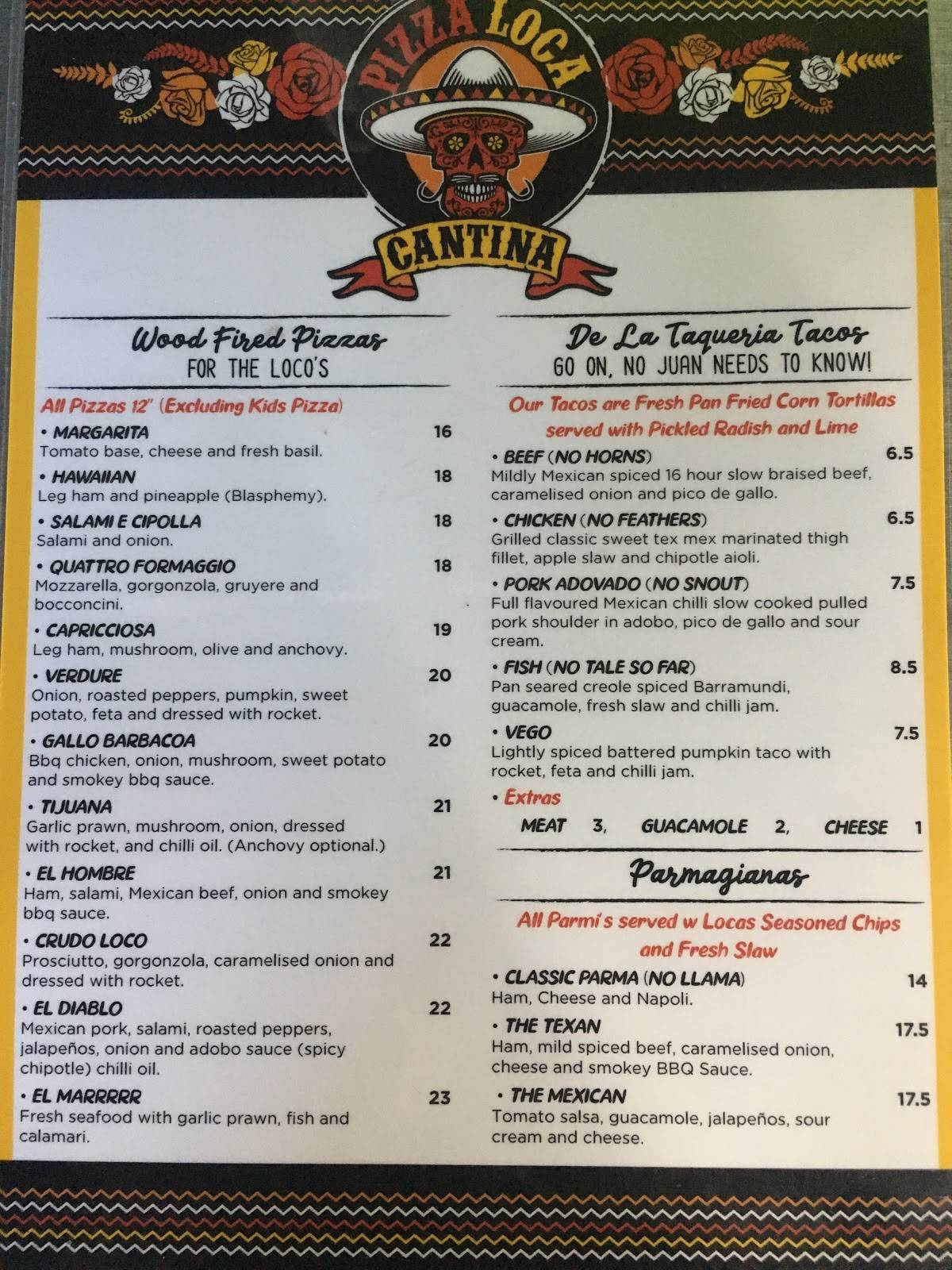 Menu at Pizza Loca Cantina pizzeria, Woree