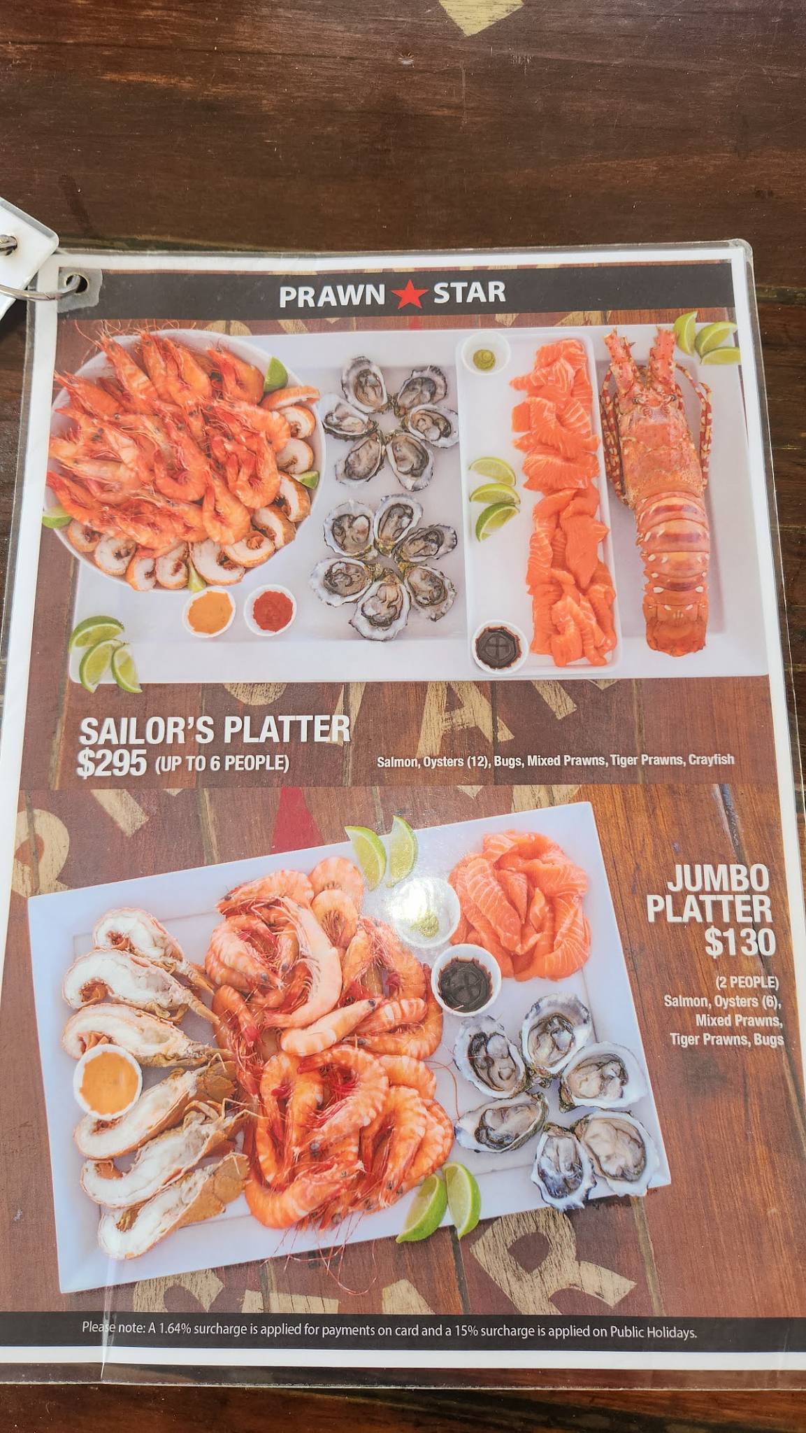 Menu at Prawn Star restaurant, Cairns