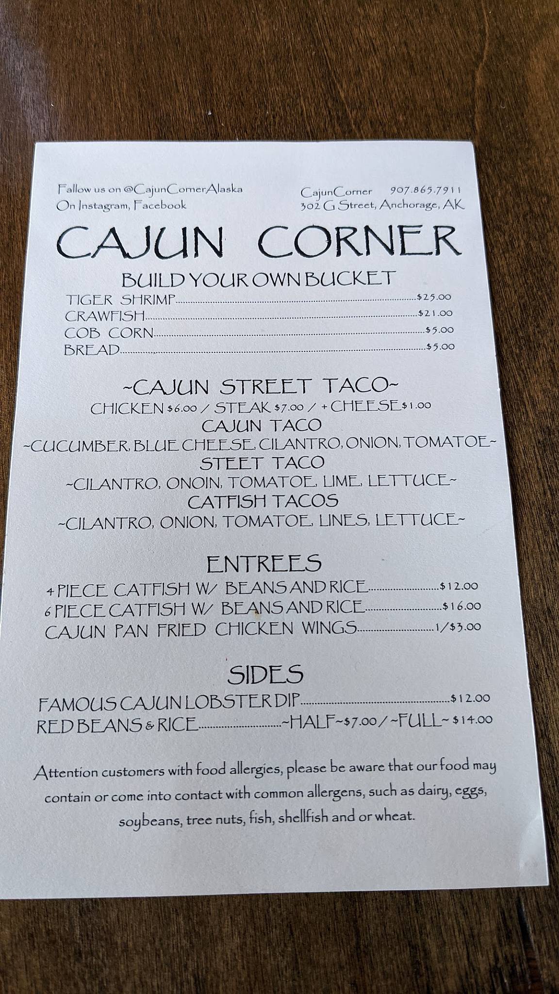 Menu at Cajun Corner restaurant, Anchorage