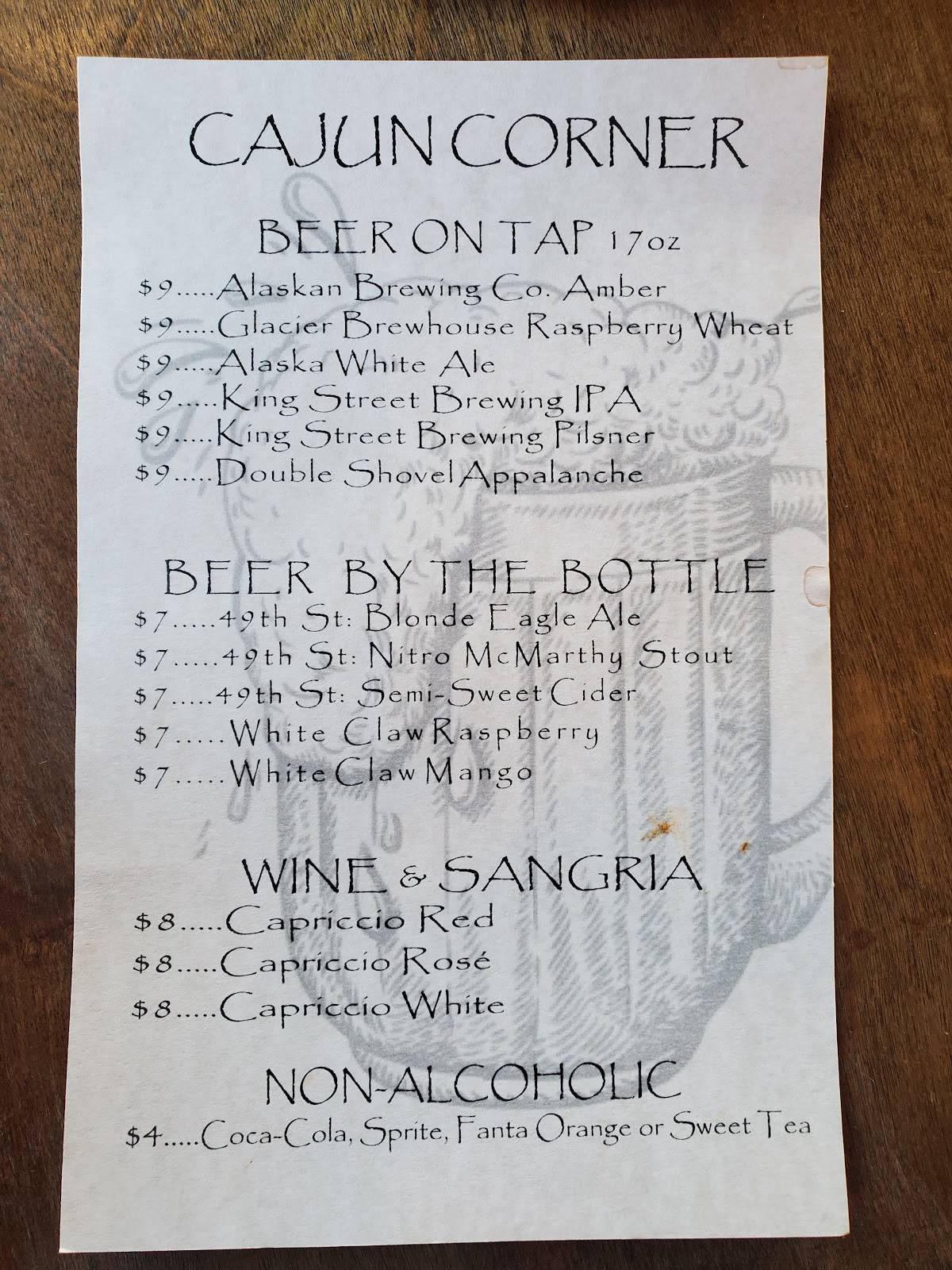 Carta del restaurante Cajun Corner, Anchorage