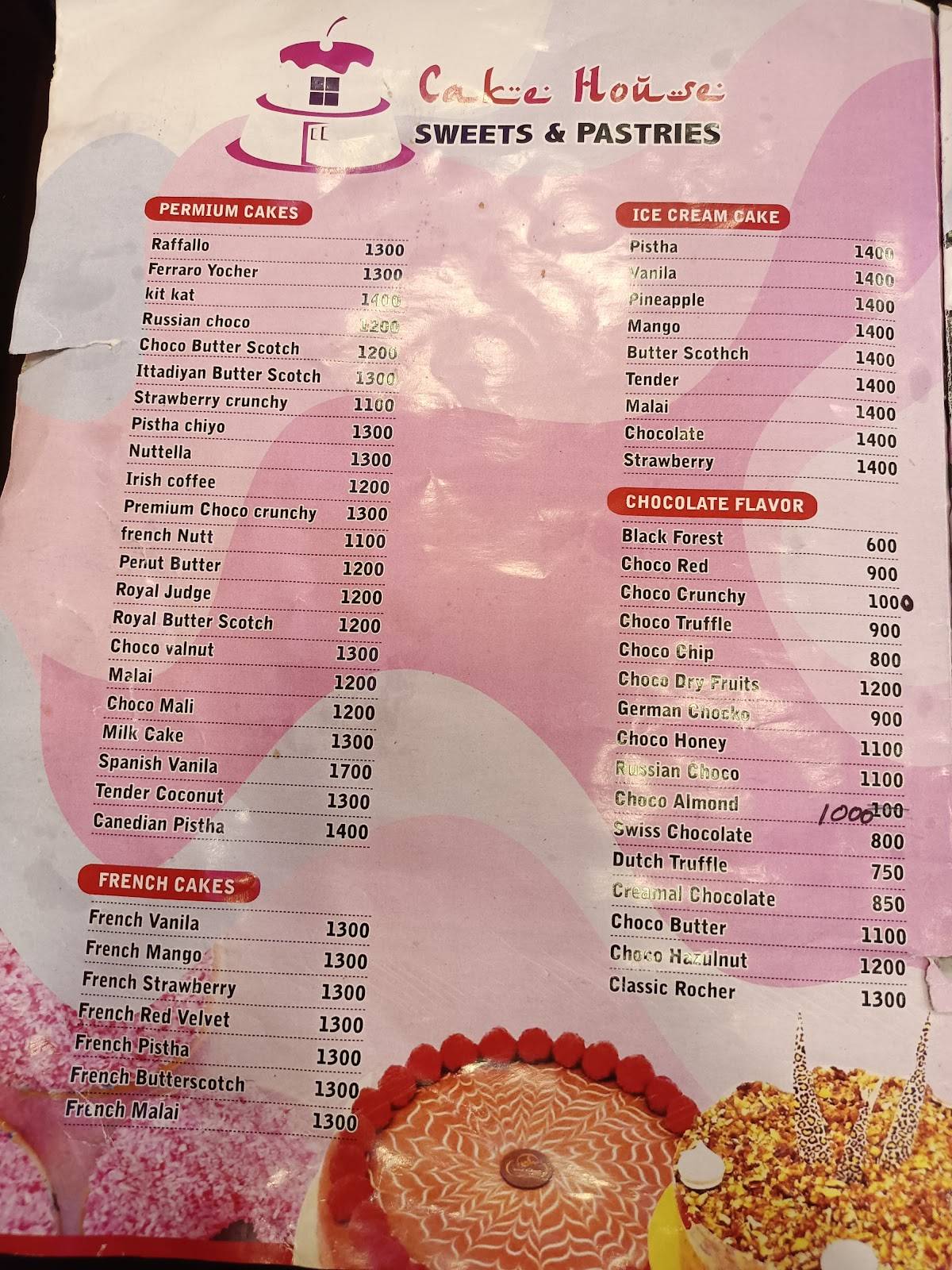 Menu at Cake House, Kayamkulam