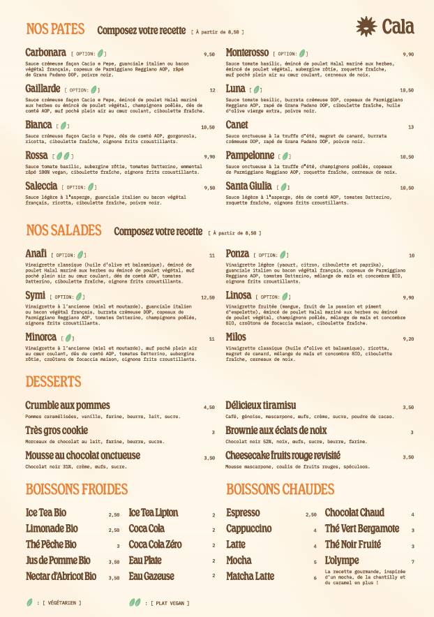 Carta de Cala Luxembourg Restaurant, Paris