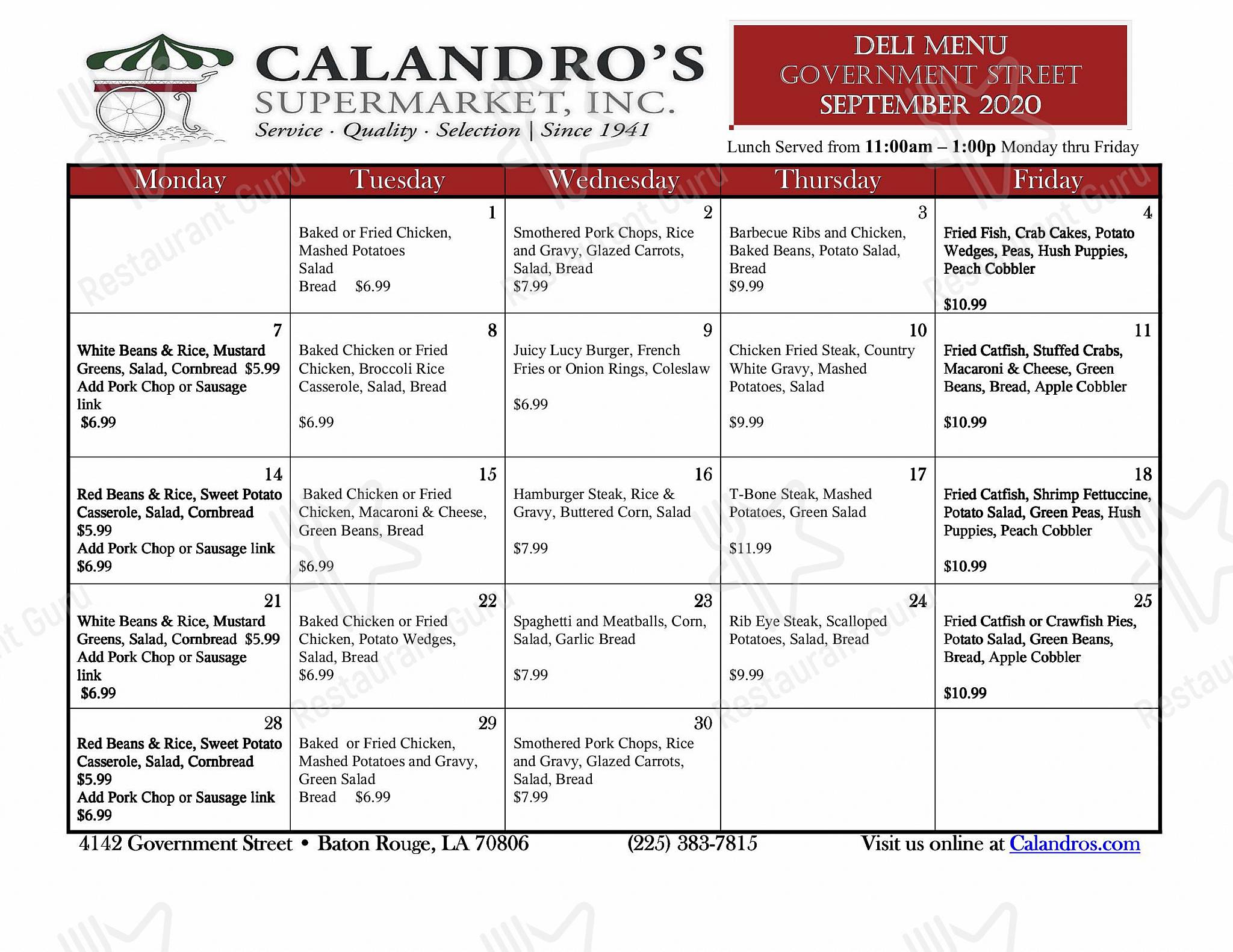 Menu at Calandro's Supermarket (Perkins) restaurant, Baton Rouge