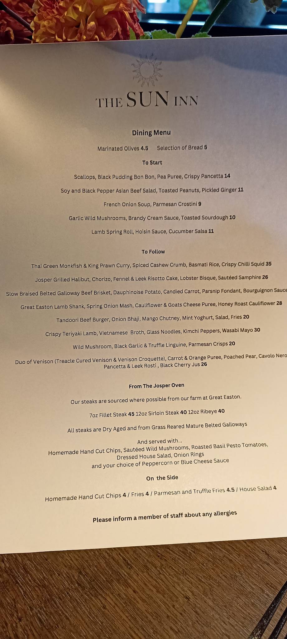 Menu at The Sun Inn Great Easton pub & bar, Caldecott