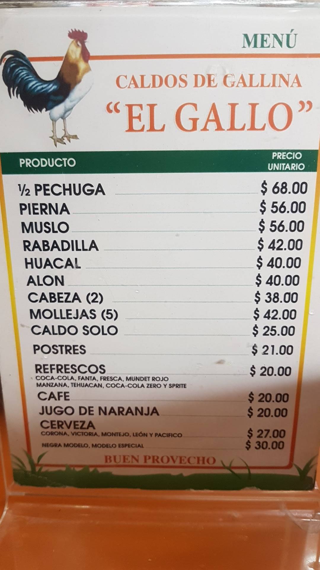 Carta del restaurante Caldos del Gallina "El Gallo", Ciudad del México ...