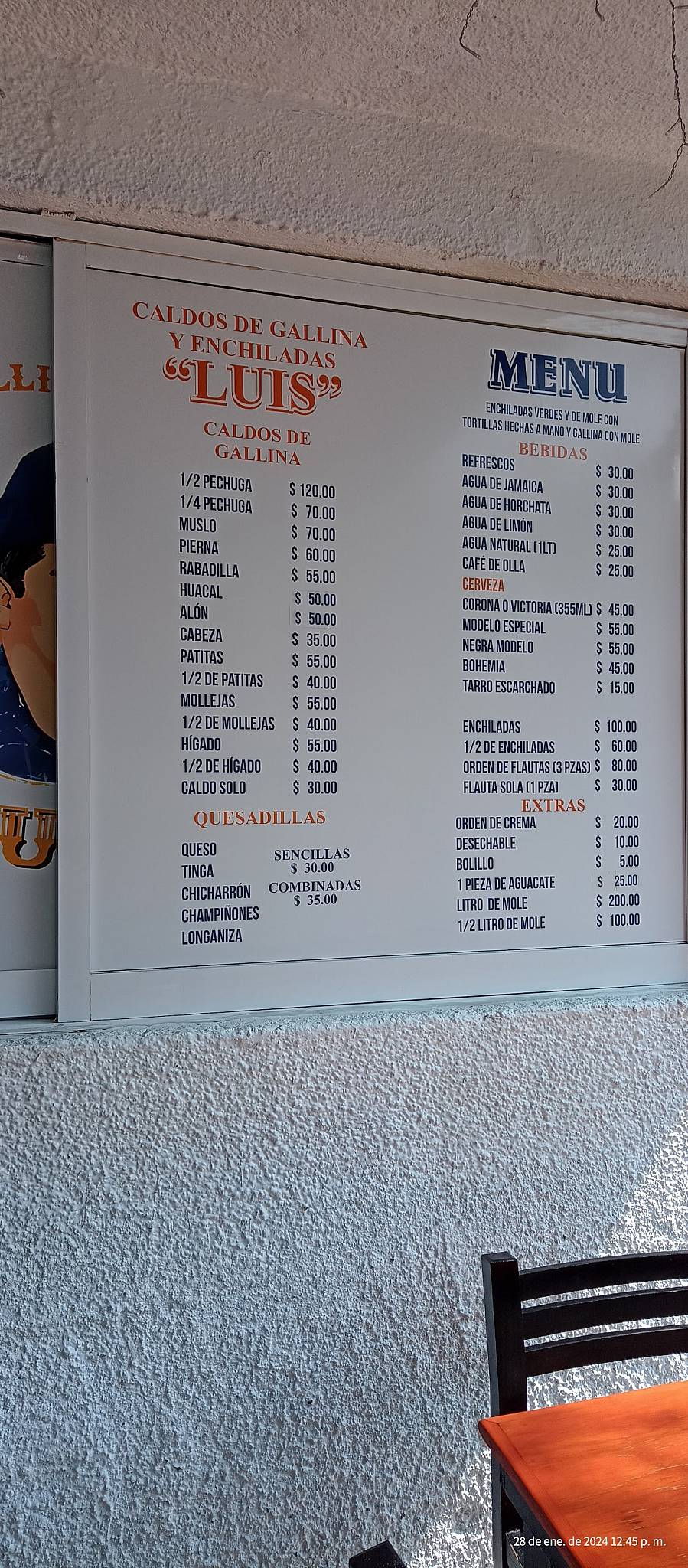 Menu at Caldos de Gallina Luis restaurant, Naucalpan