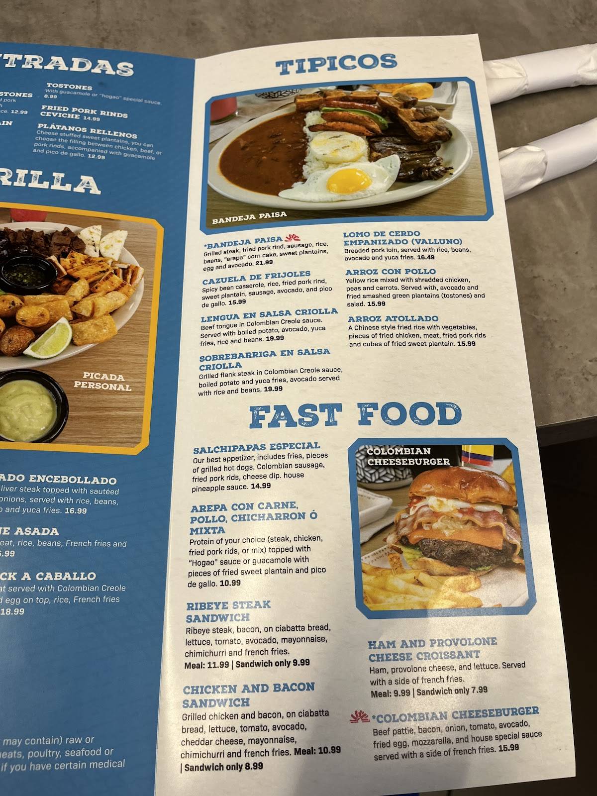 Menu at Cali Colombian Restaurant, Raleigh