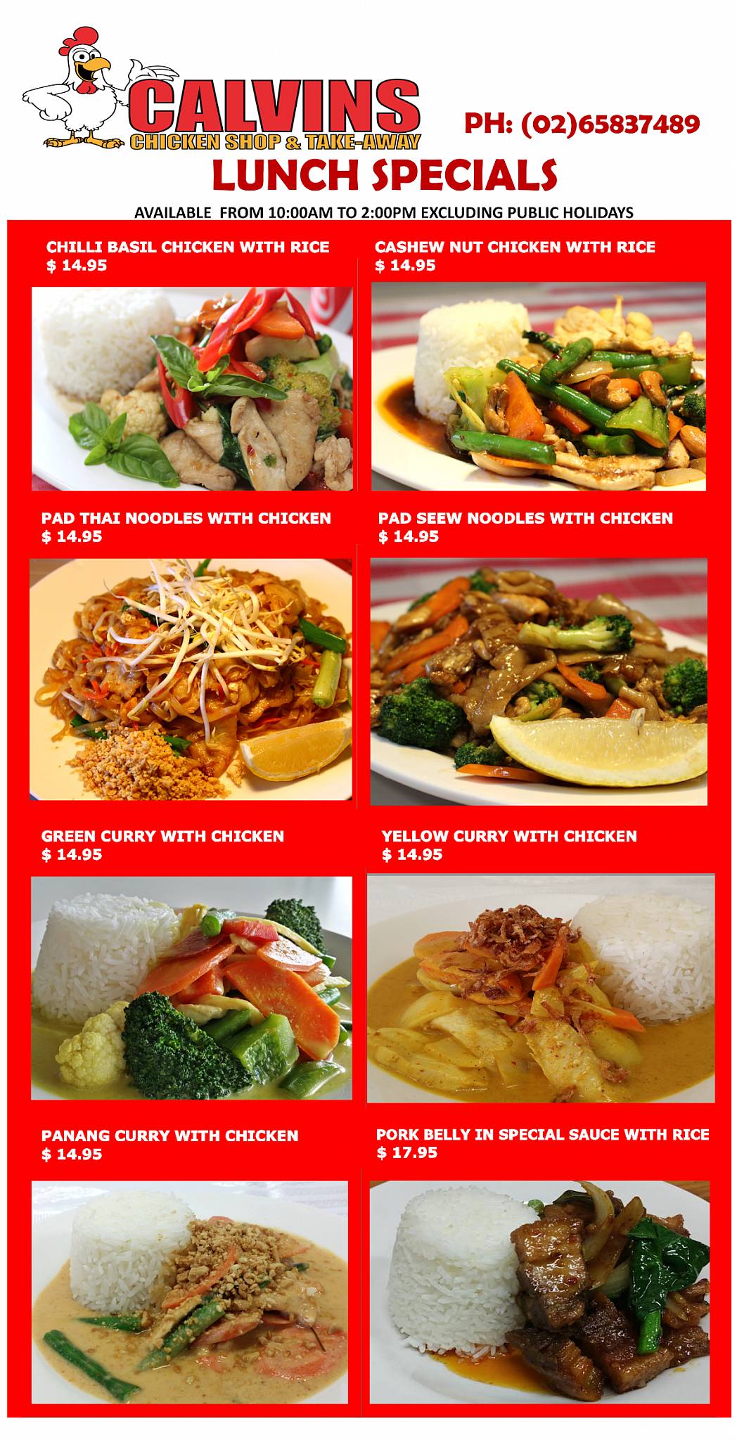 Menu at Calvins Chicken Shop & Take-away restaurant, Port Macquarie