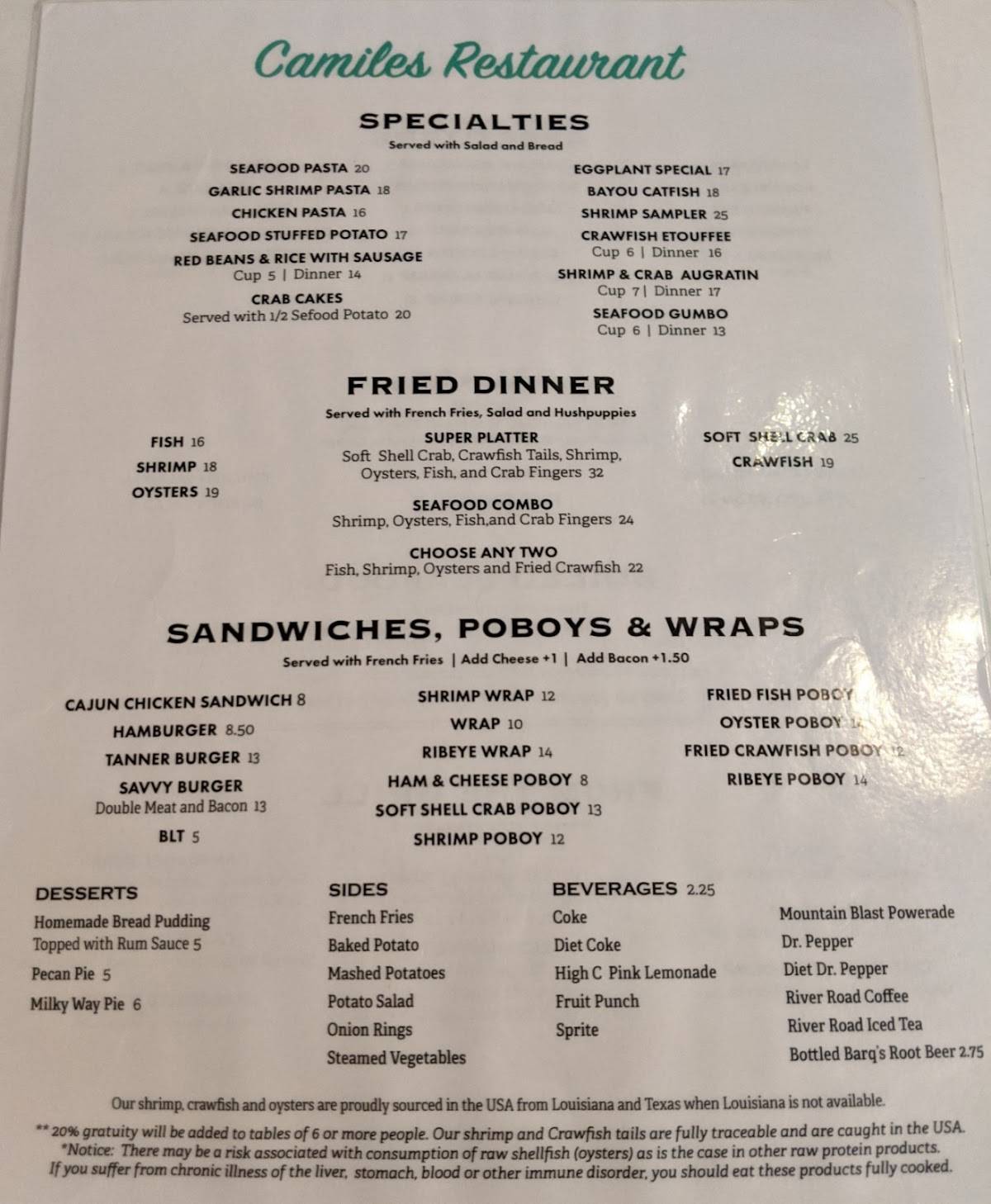 Menu at Camile's Restaurant, Erwinville