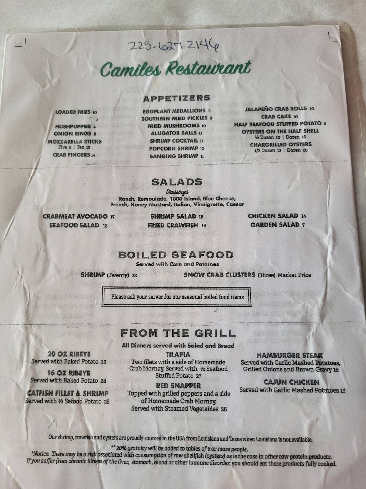 Menu at Camile's Restaurant, Erwinville