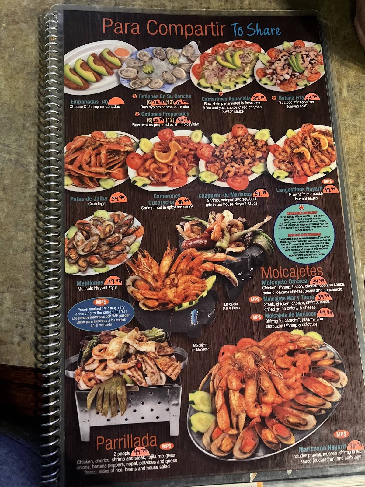 Menu at Camino Real Mexican Seafood restaurant, Middleton