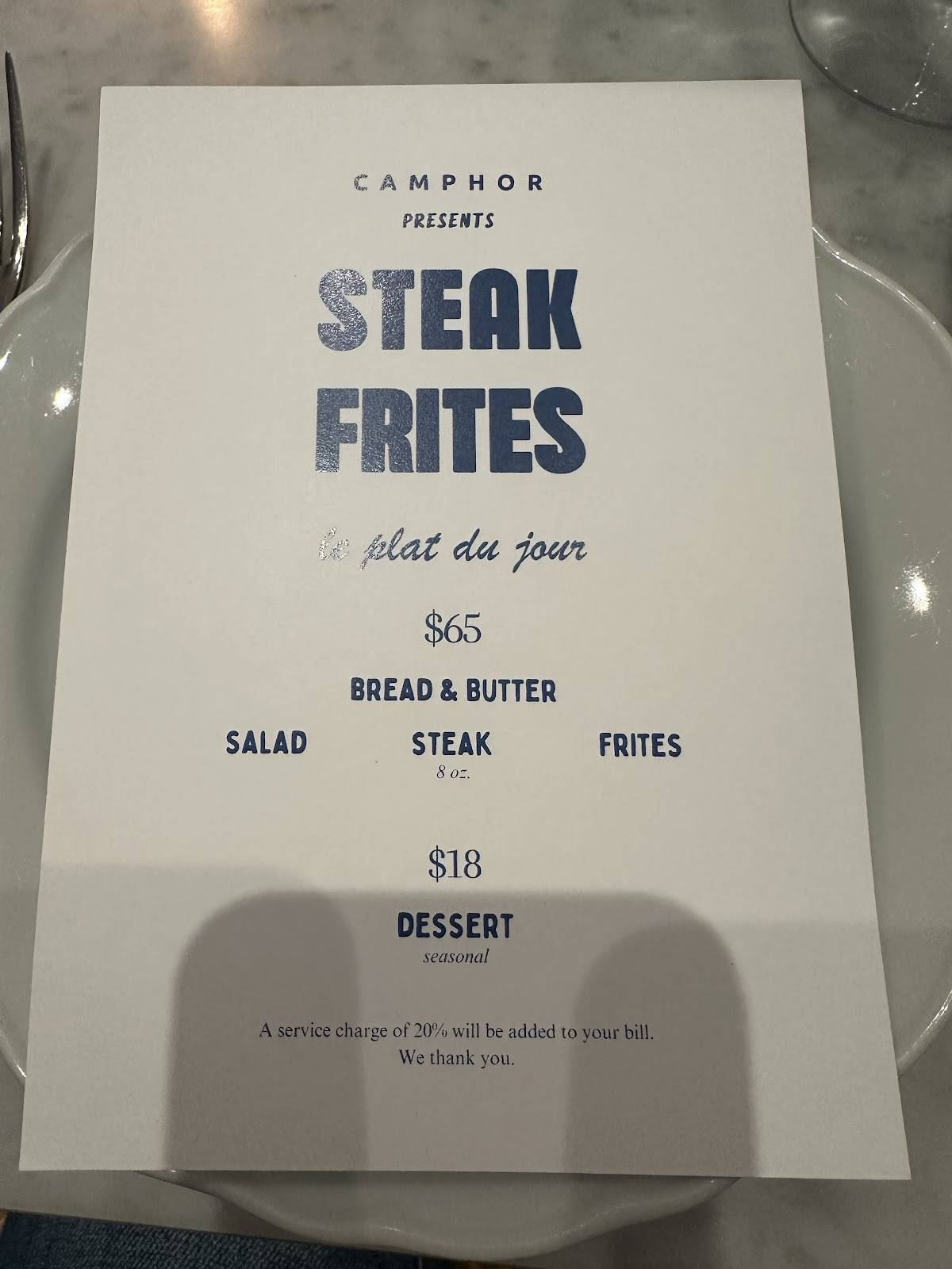 Menu at Camphor restaurant, Los Angeles