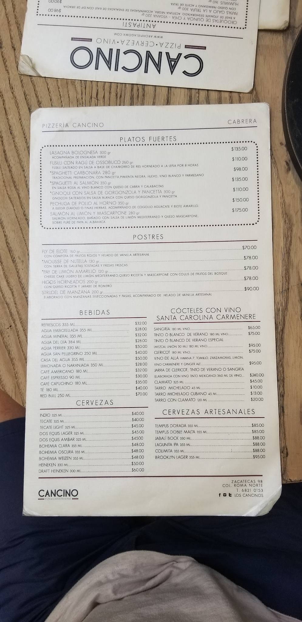 Carta de pizzería Cancino Cabrera, Ciudad López Mateos, Zacatecas 98
