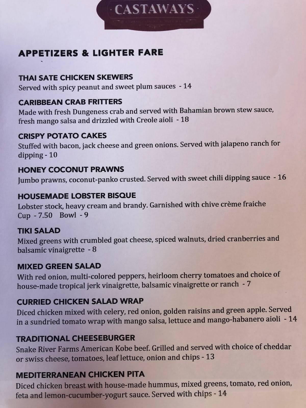 Menu at Castaways Global Cuisine restaurant, Cannon Beach