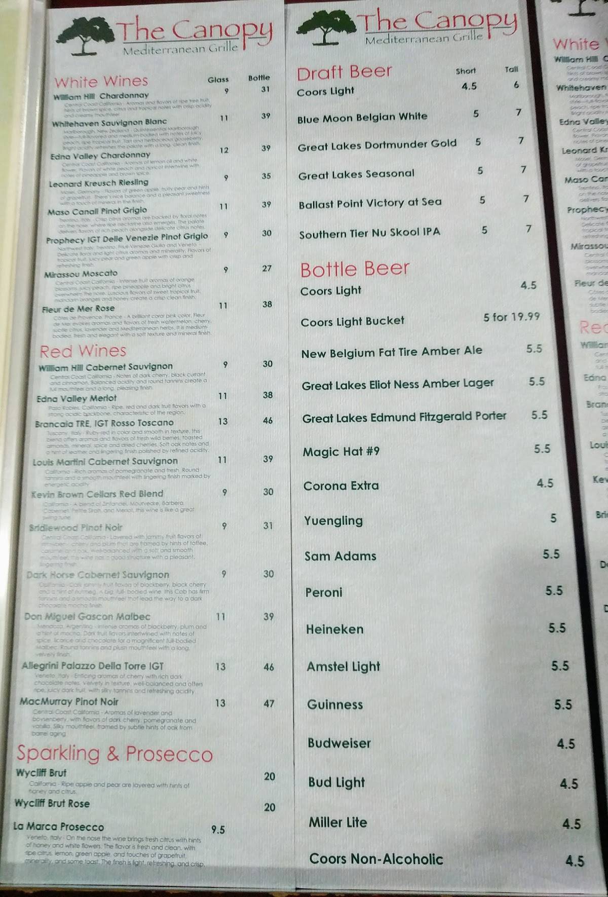 Menu at Canopy restaurant, Cleveland