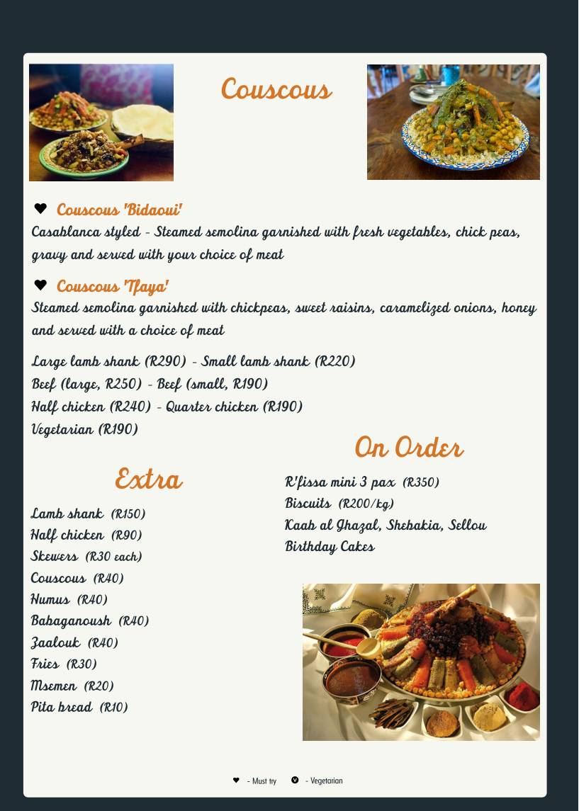Menu at Andalousse Moroccan Restaurant - Seapoint, Cape Town, 174 Main Rd